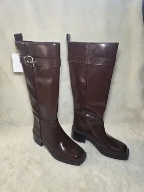 Zara | Shoes | Zara Contrast Topstitch Kneehigh Boots Burgundy Red ...